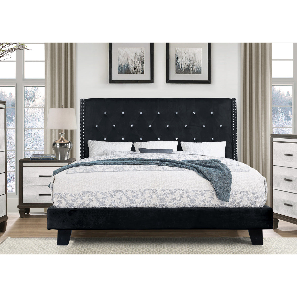 SH283BLK - VELVET PLATFORM BED - BLACK – Serra Furniture