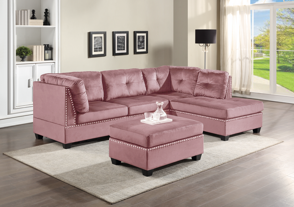 SIENNA PINK VELVET SECTIONAL OTTOMAN LIVING ROOM SET Serra Furniture